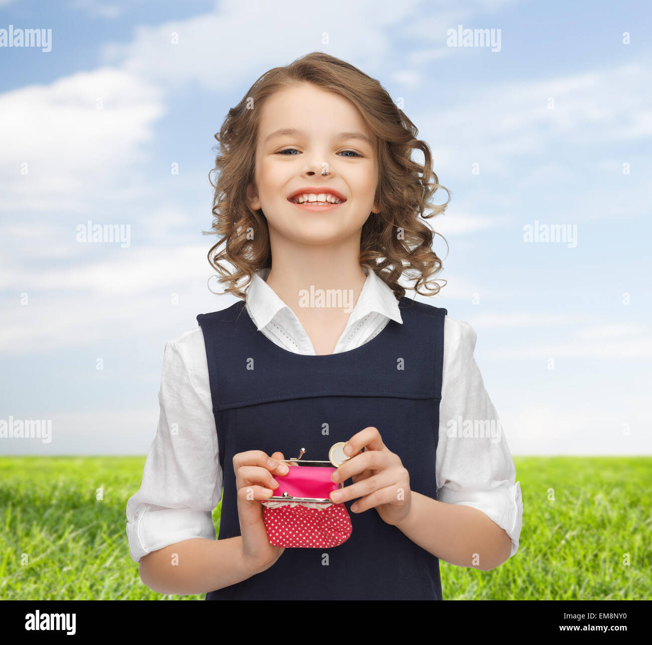 happy girl with purse and euro coin money Stock Photo - Alamy