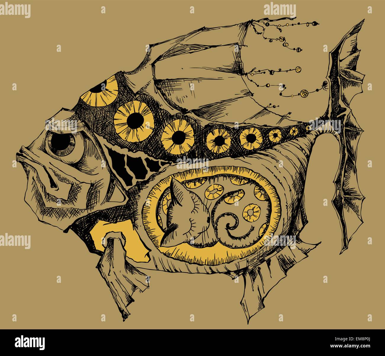 Hands painted portrait painting vector magic fish with a kitten inside ...