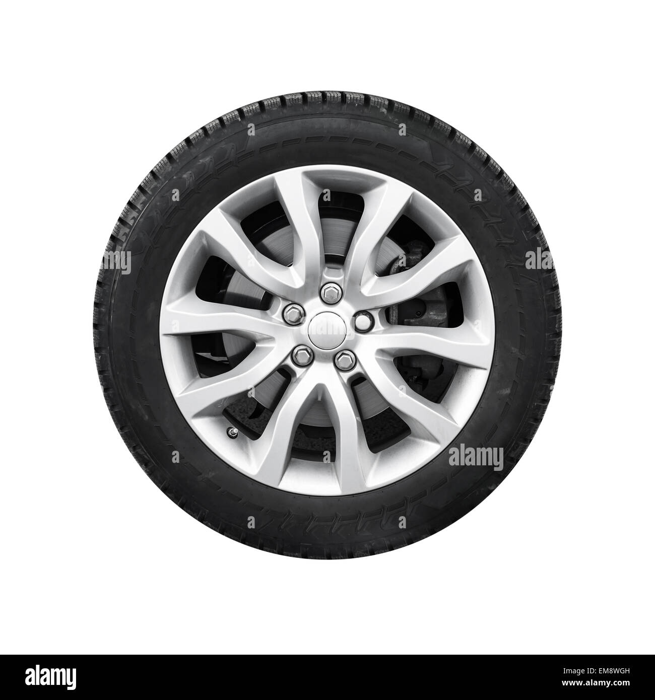 New shiny automotive wheel on light alloy disc isolated on white ...