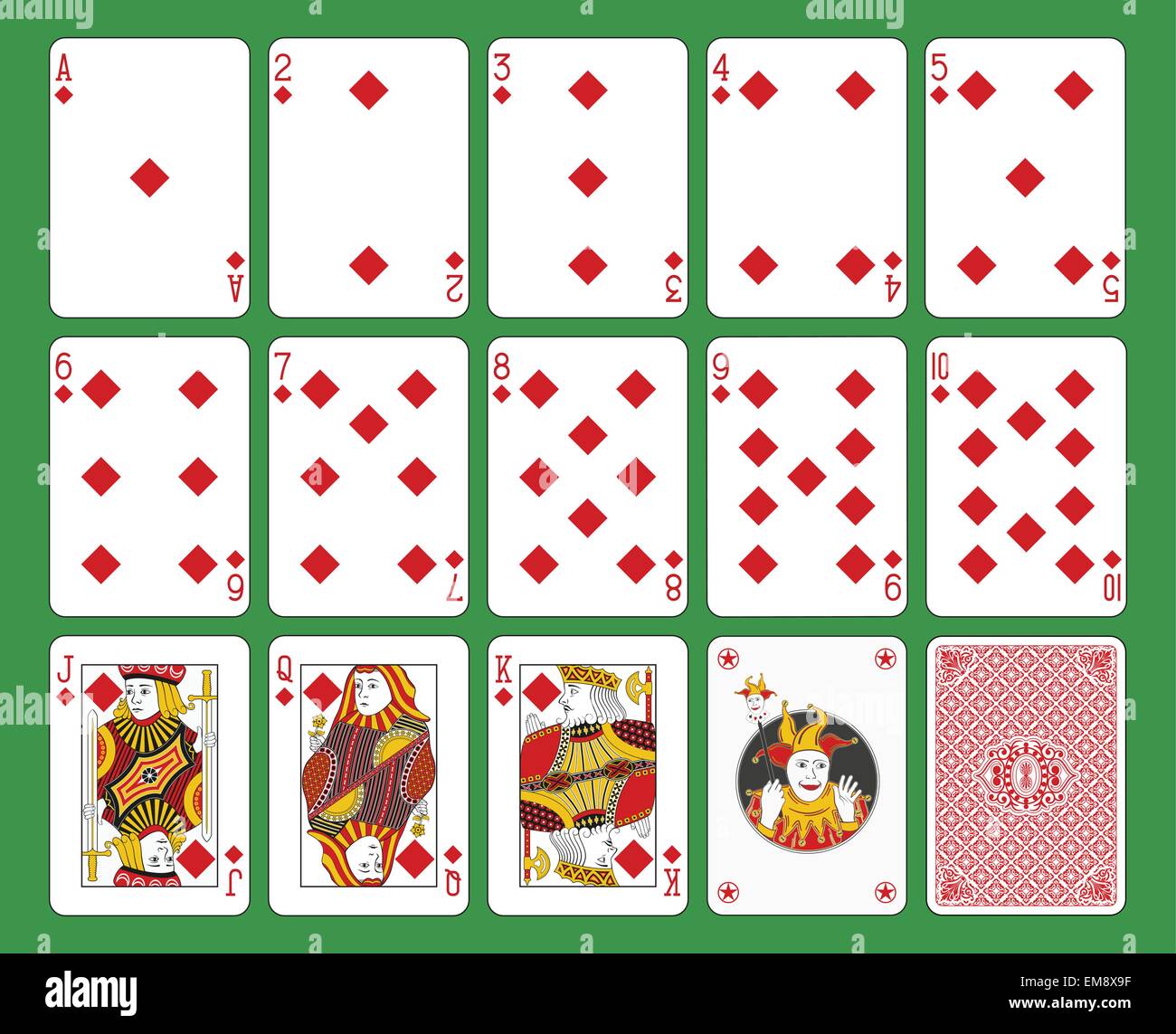 Playing cards diamonds suite, joker and back. Green background Stock ...