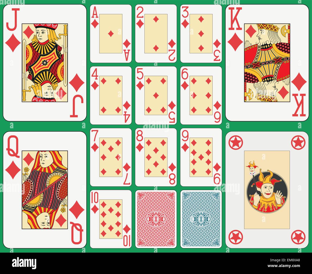 Playing cards, diamond suit, joker and two backs. Faces double sized ...