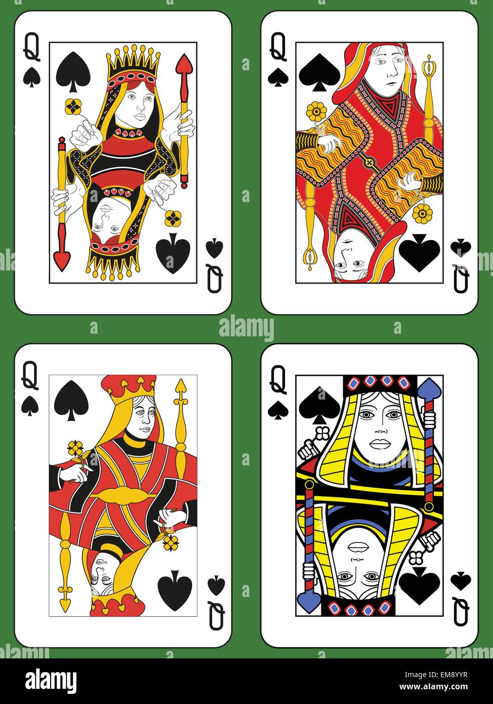 Four Queens of Spades in four different styles on a green background ...