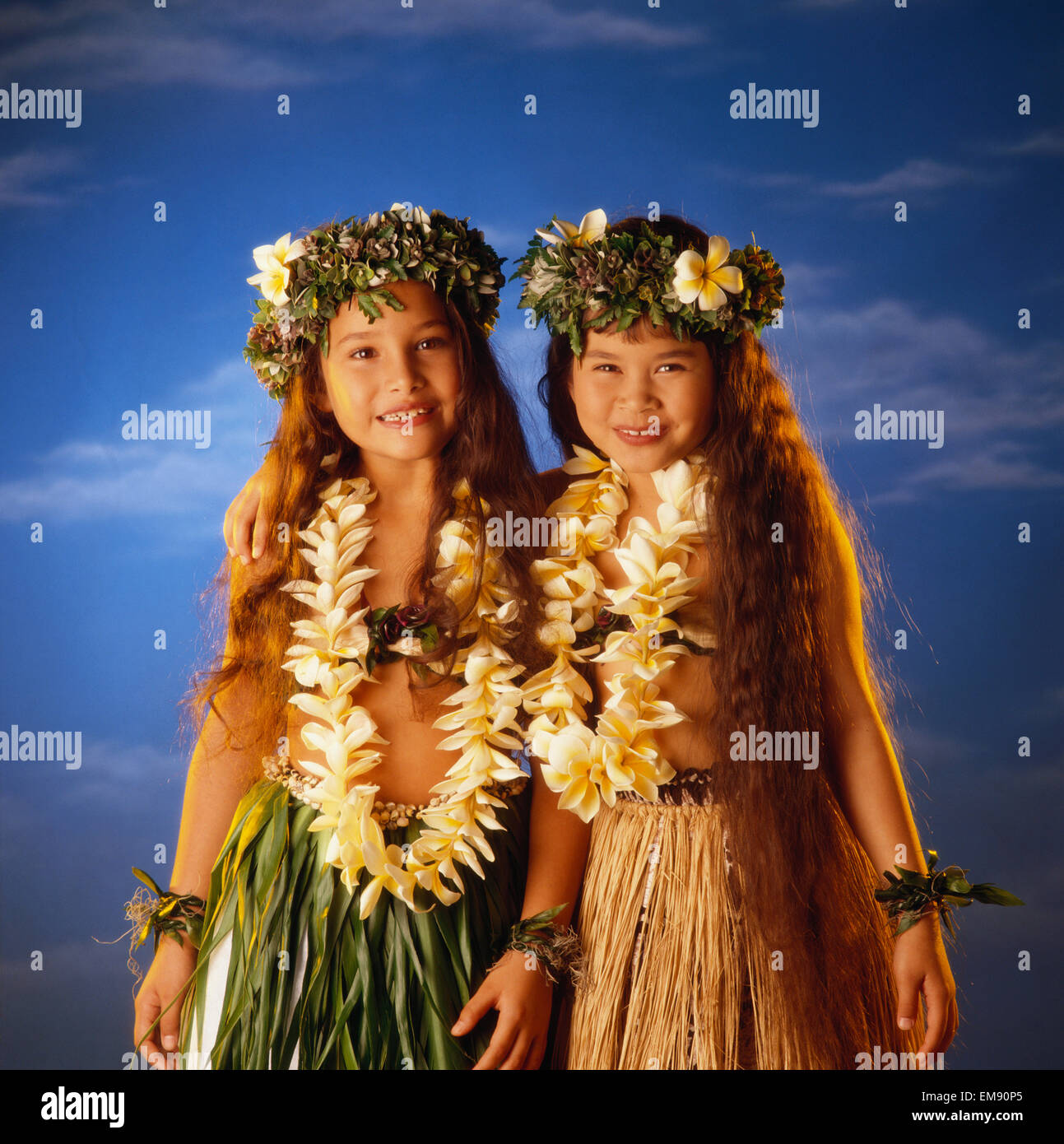 Two Smiling Hula Girls, With Lei And Haku, Standing Together For Studio ...