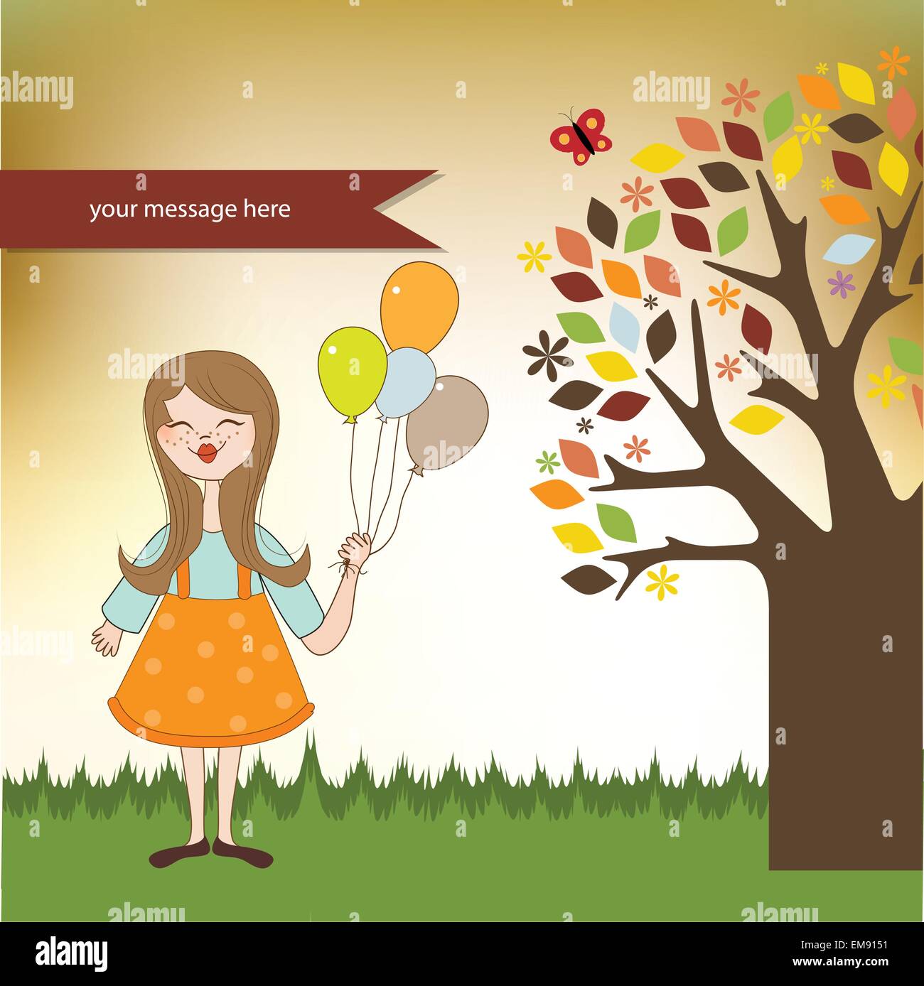 Funny girl with balloon, birthday greeting card Stock Vector Image ...