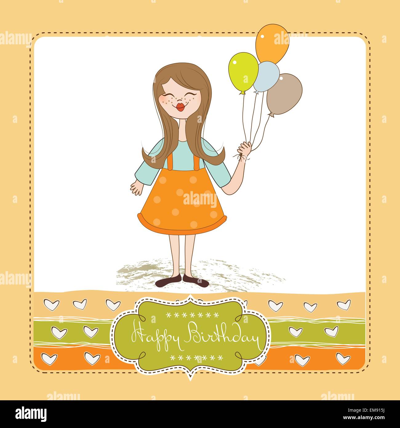 Funny girl with balloon, birthday greeting card Stock Vector Image ...
