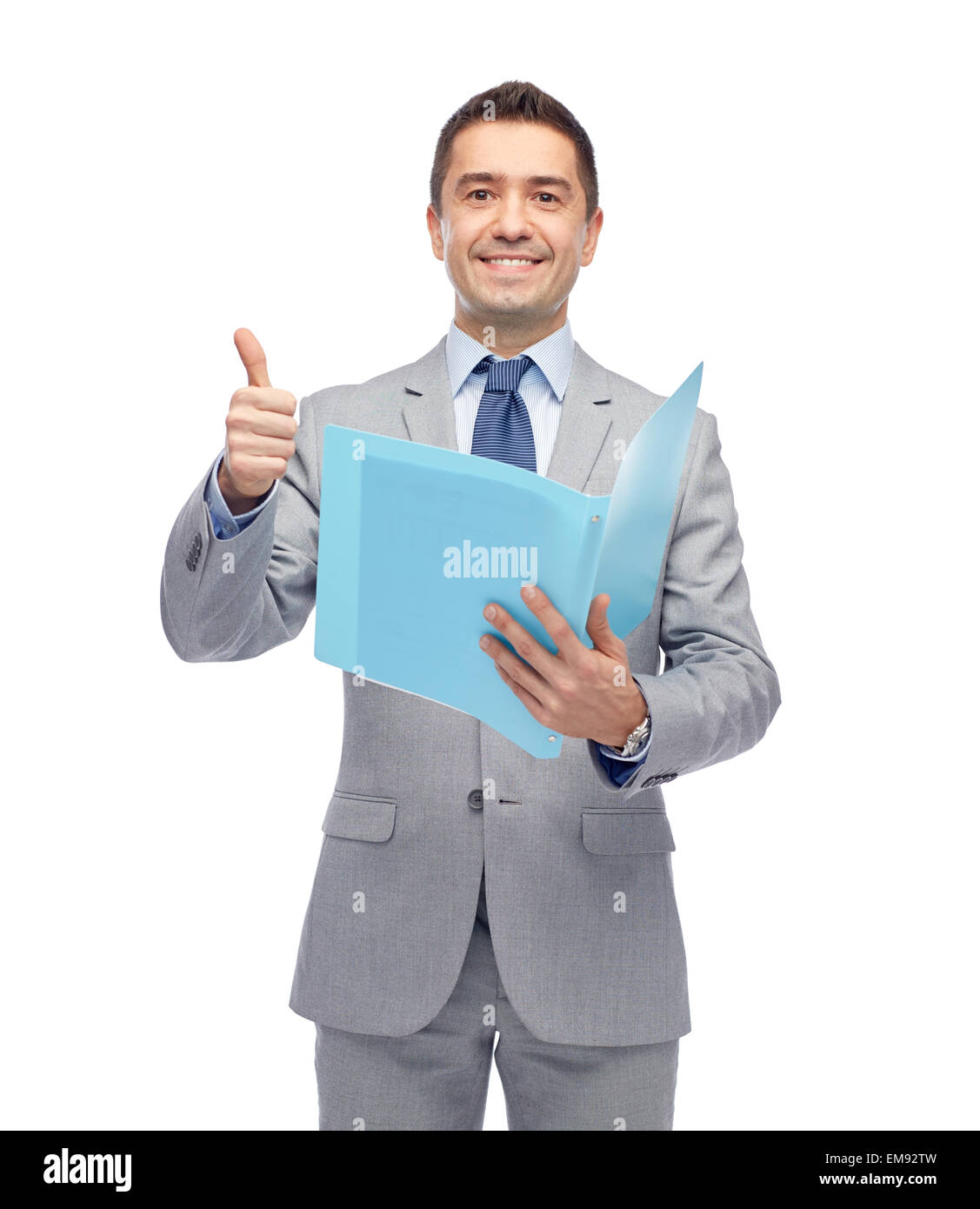 happy businessman with folder showing thumbs up Stock Photo - Alamy