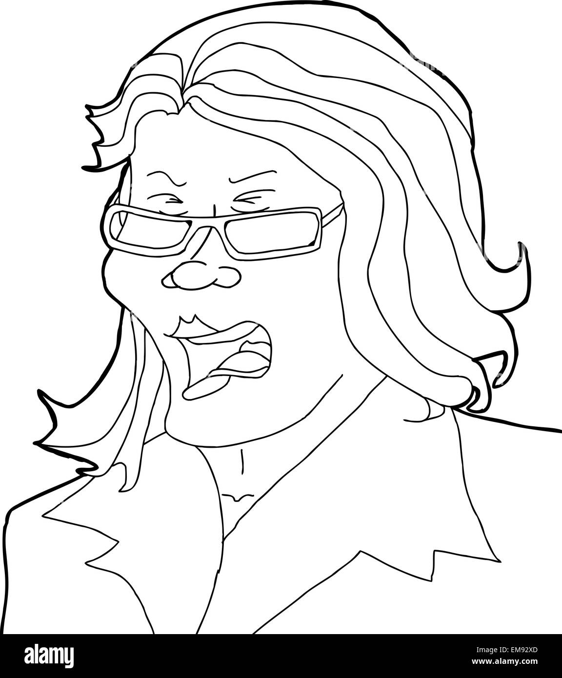 Outline cartoon of shouting woman with eyeglasses Stock Photo - Alamy
