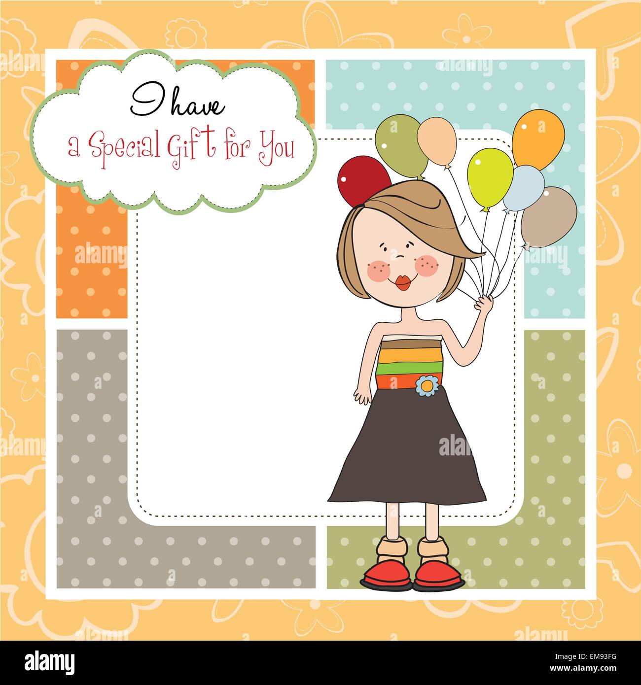 Funny girl with balloon, birthday greeting card Stock Vector Image ...