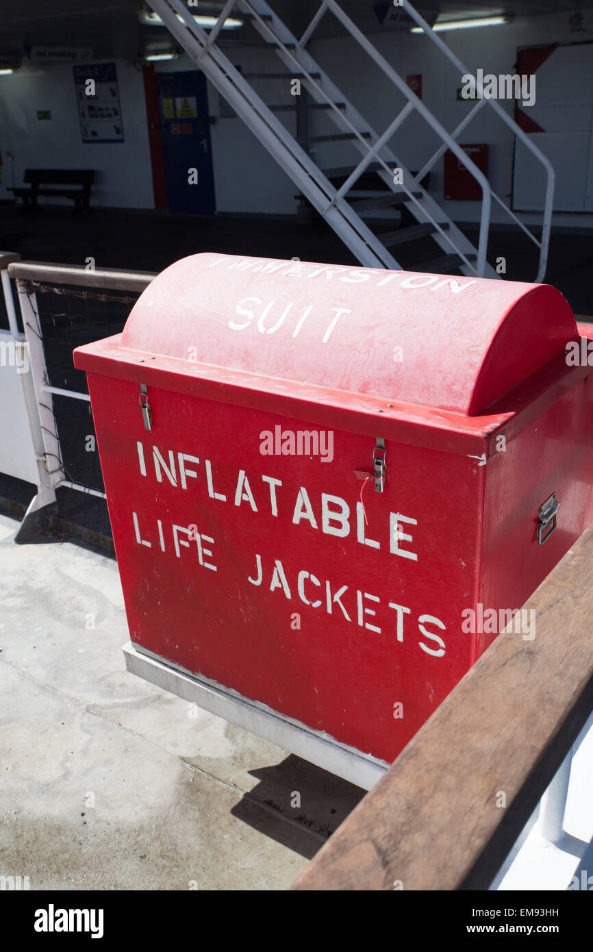 Inflatable life jackets container on cross channel ferry Stock Photo ...
