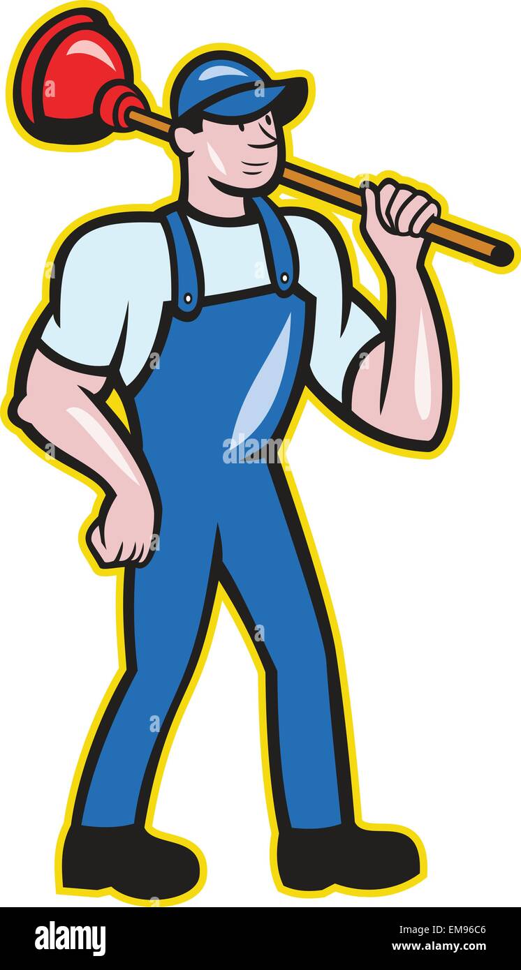 Plumber Holding Plunger Standing Cartoon Stock Vector Image & Art - Alamy