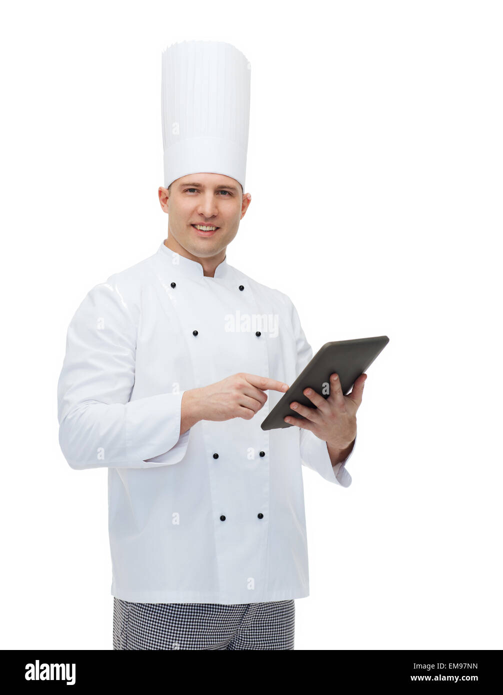 happy male chef cook holding tablet pc Stock Photo - Alamy