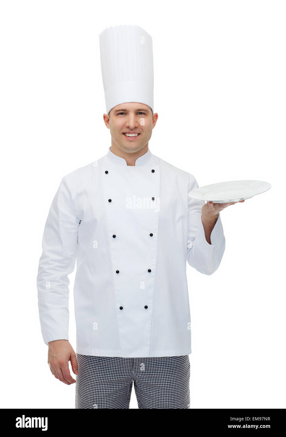happy male chef cook showing empty plate Stock Photo - Alamy