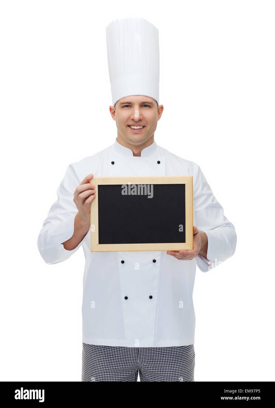 happy male chef cook holding blank menu board Stock Photo - Alamy