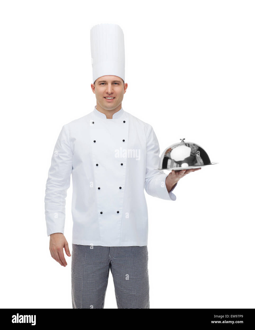happy male chef cook holding cloche Stock Photo - Alamy