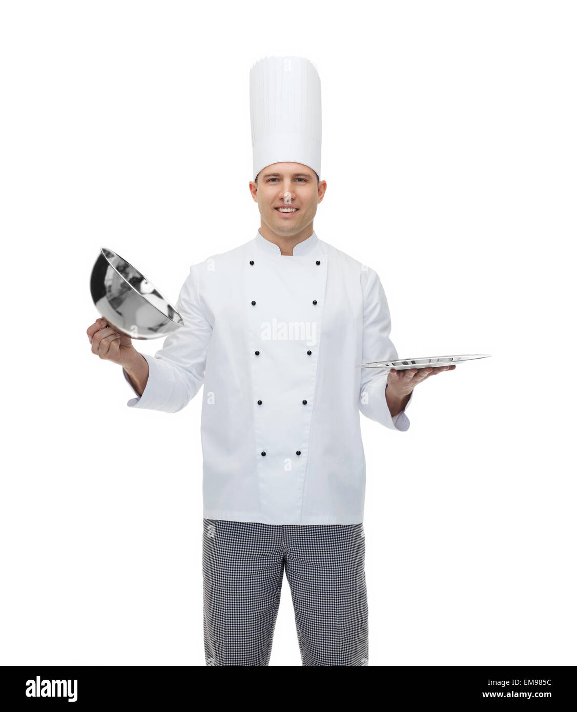happy male chef cook opening cloche Stock Photo - Alamy
