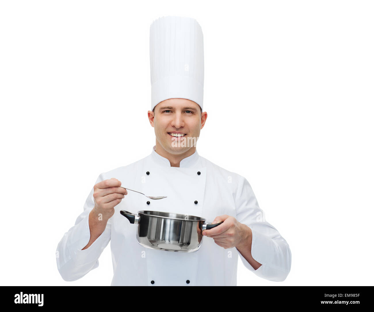 happy male chef cook with pot and spoon Stock Photo - Alamy
