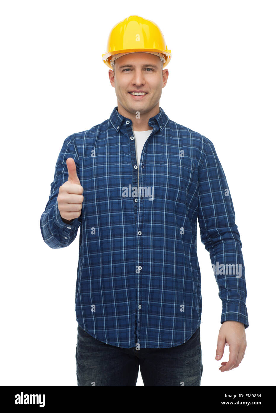 smiling male builder in helmet showing thumbs up Stock Photo - Alamy