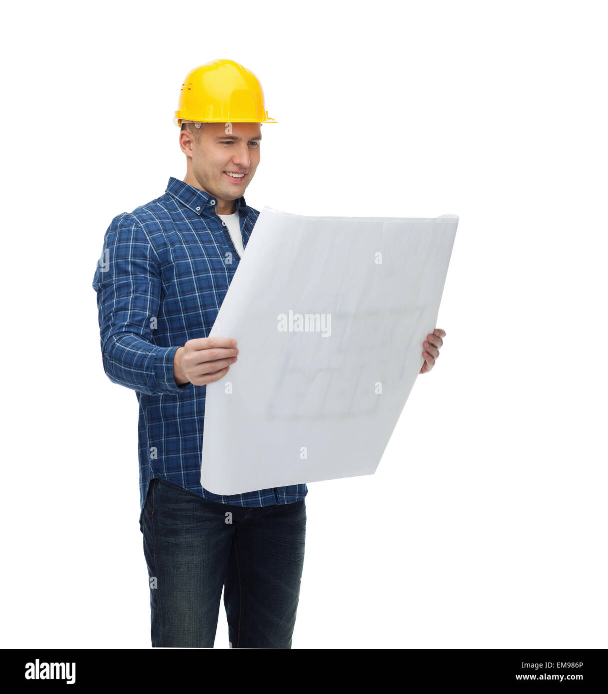 smiling male builder in helmet with blueprint Stock Photo - Alamy