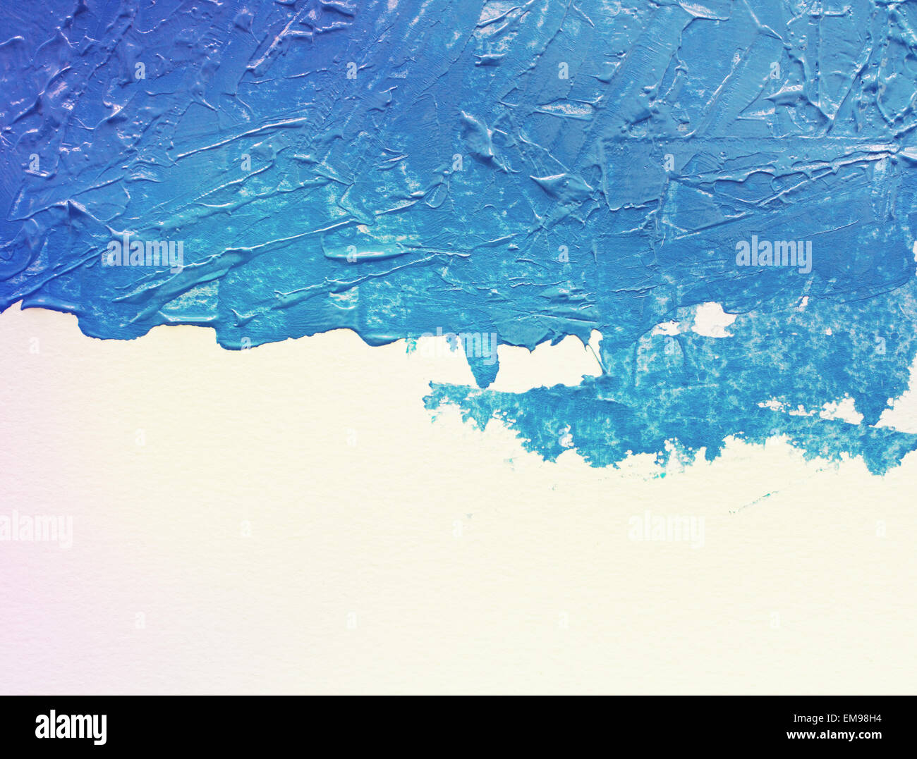 Blue watercolor acrylic painting with brush on white paper. Copy space ...