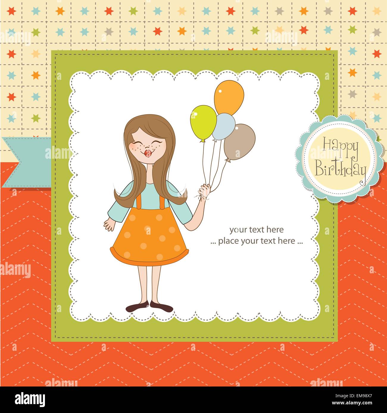 Funny girl with balloon, birthday greeting card Stock Vector Image ...