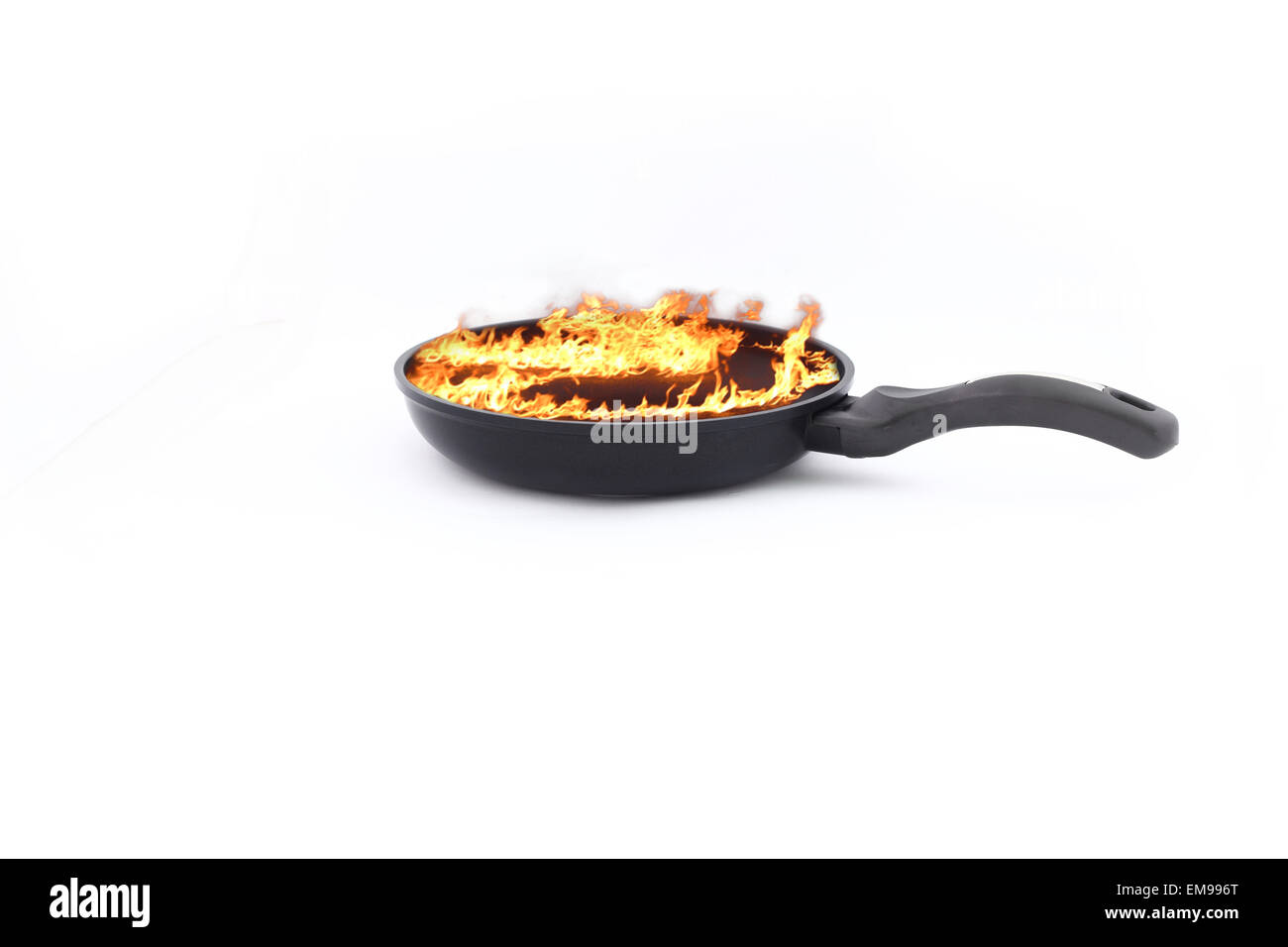 Frying pan on a white background with a burning fire Stock Photo - Alamy