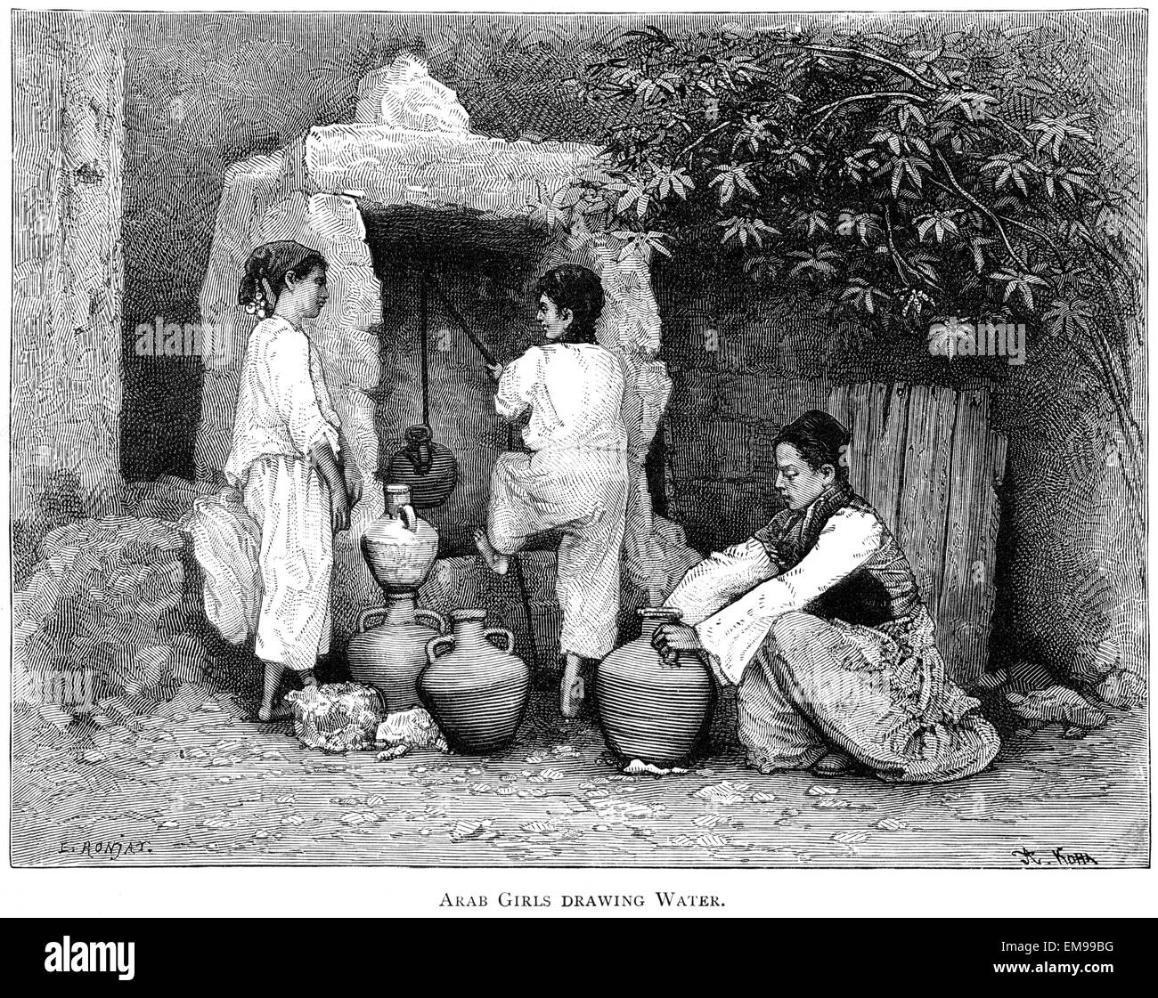 An engraving of Arab Girls Drawing Water scanned at high resolution ...