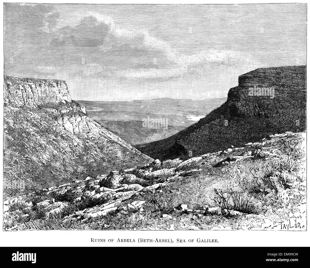 An engraving of the Ruins of Arbela (Beth-Arbel), Sea of Galilee ...