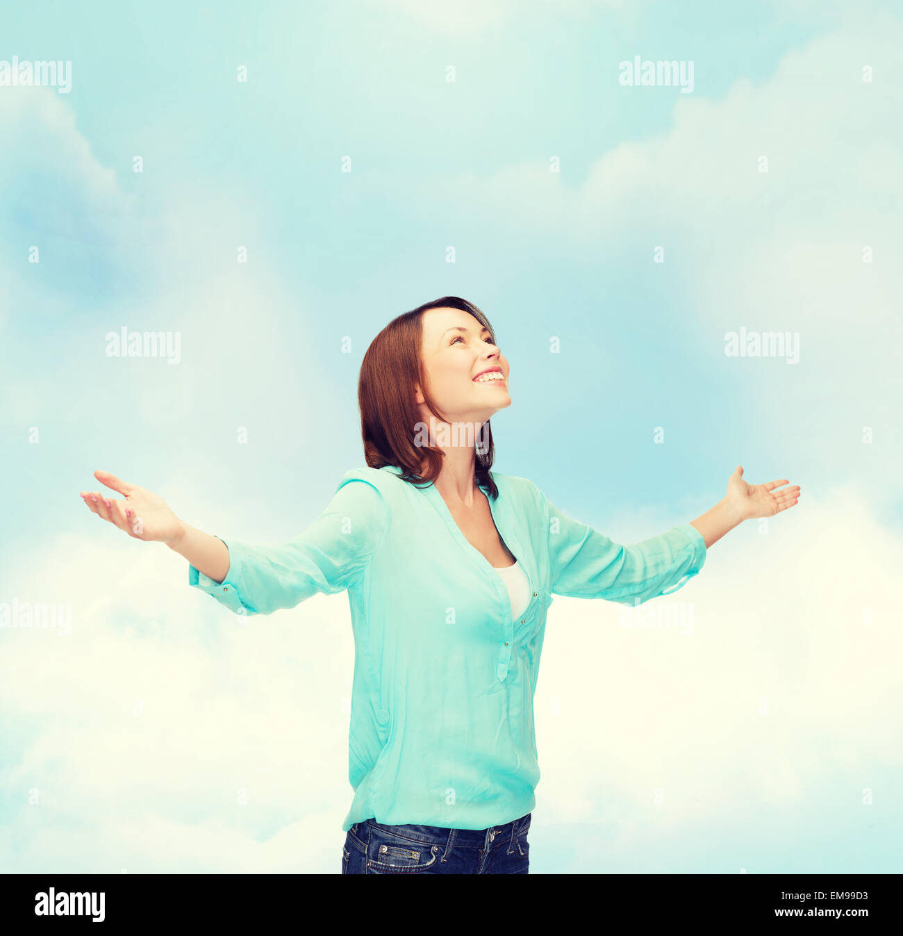 smiling woman waving hands Stock Photo - Alamy