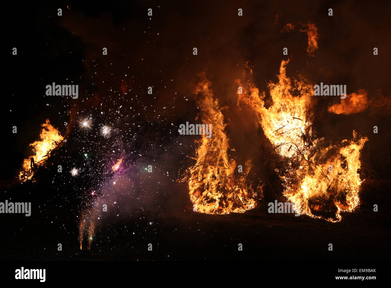 Traditional Easter bonfire in the Lusatian village of Burg in Spreewald ...