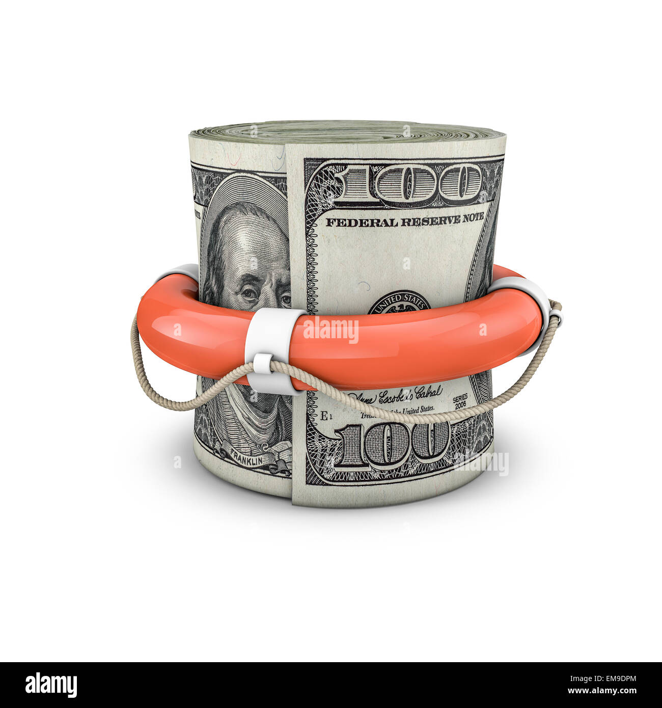 3D render of life ring around rolled up hundred dollar bills Stock ...