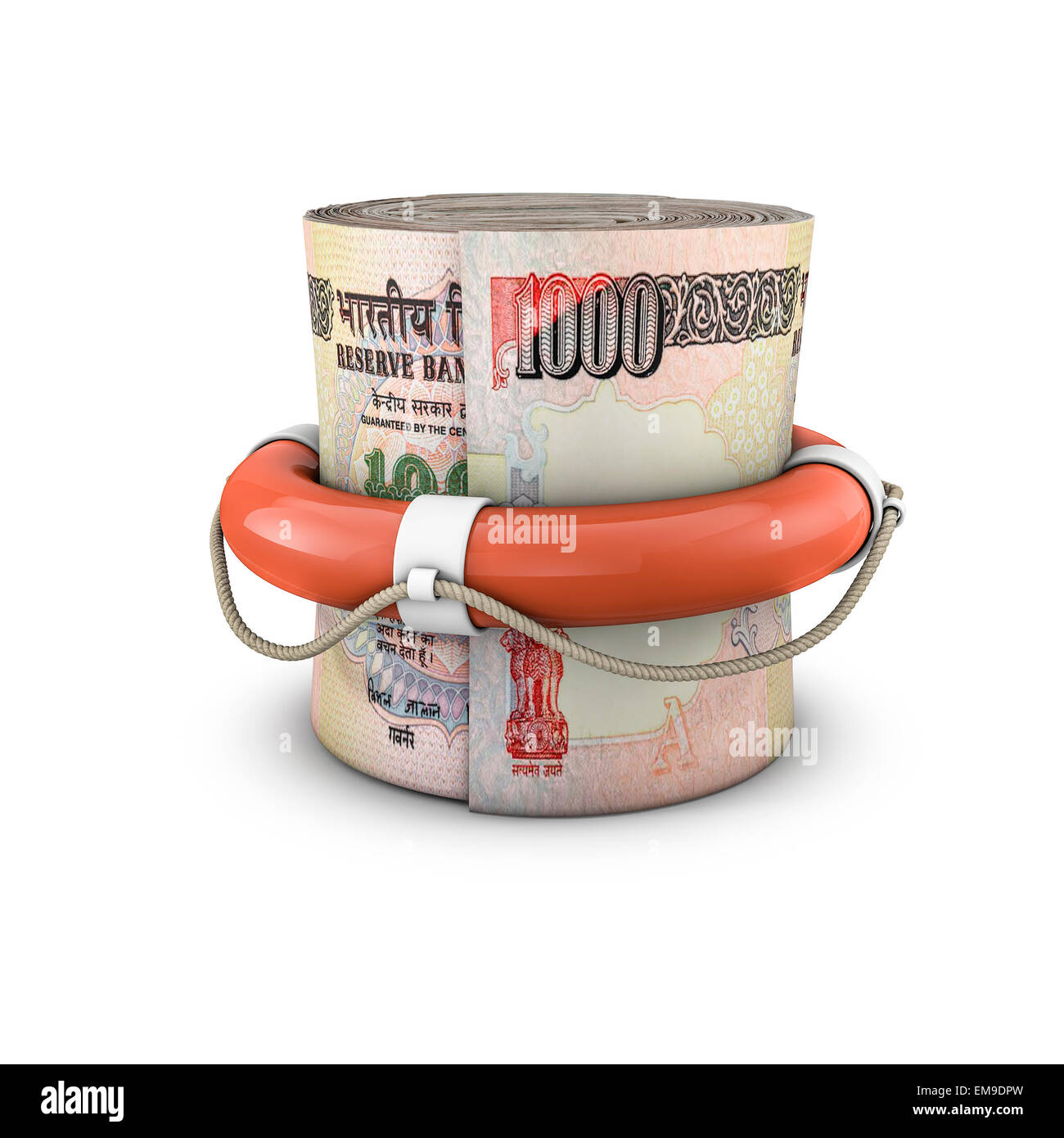 3D render of life ring around rolled up thousand rupee notes Stock ...