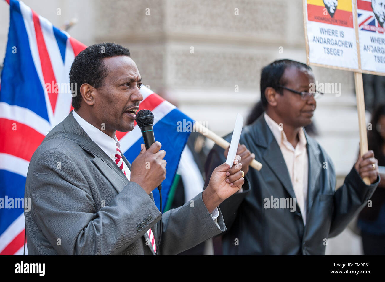 London, UK. 17 April 2015. Spokesman, Zelalaem Tessema, delivers a ...