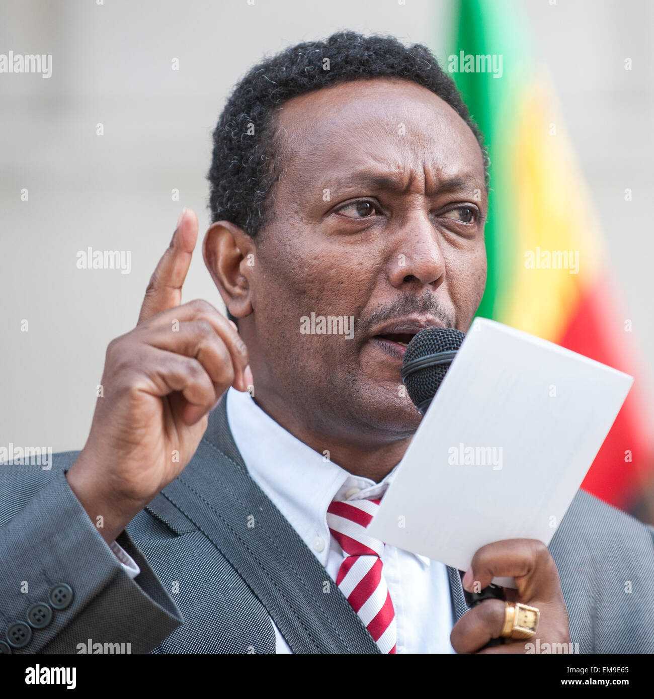 London, UK. 17 April 2015. Spokesman, Zelalaem Tessema, delivers a ...