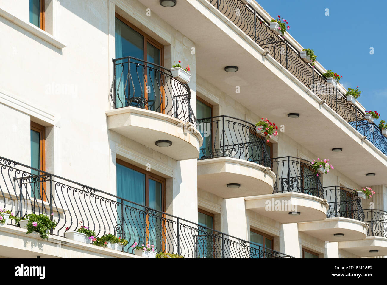 Low angle view of hotel balconies in Balchik, Varna province, Bulgaria ...