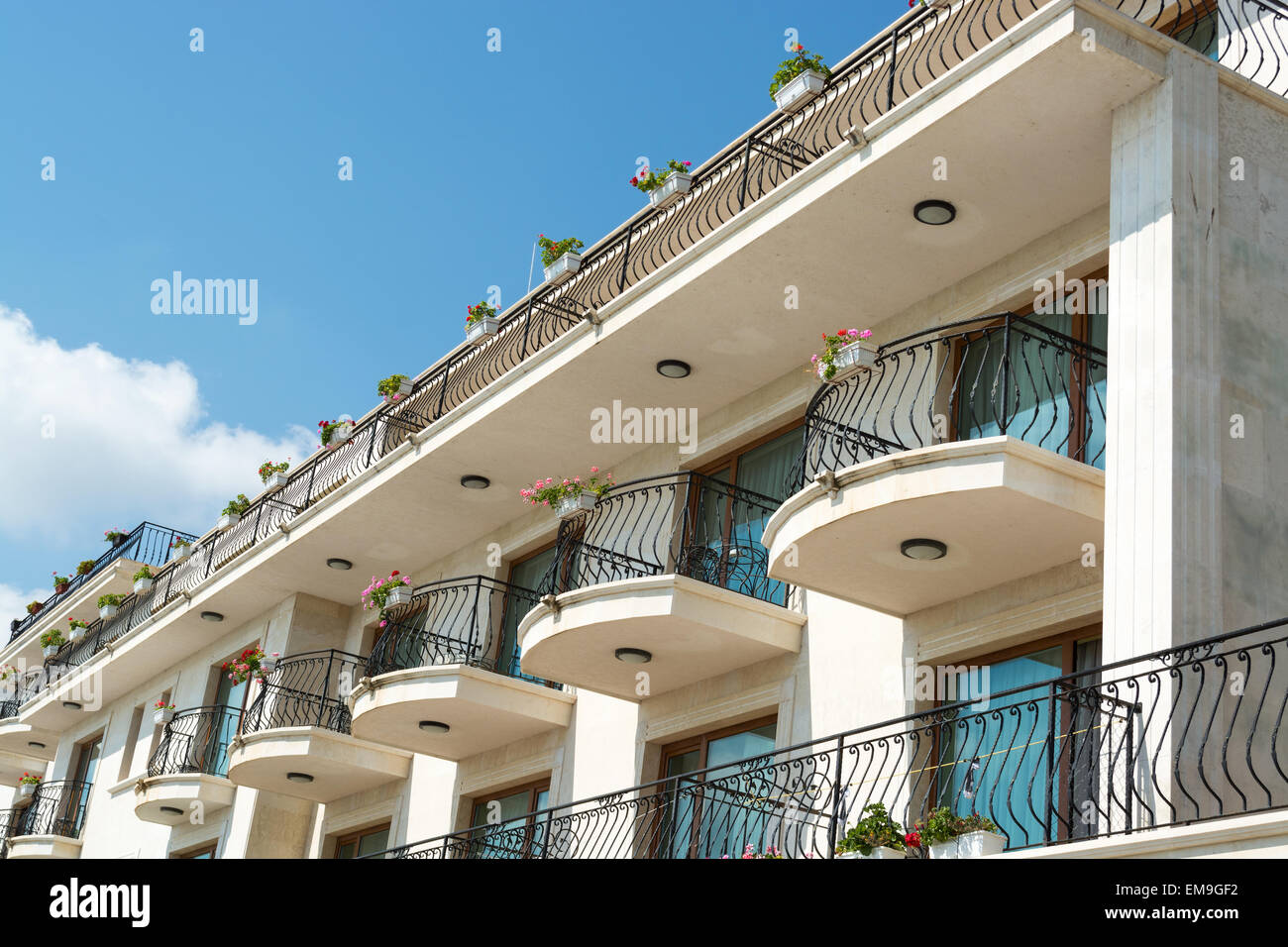 Low angle view of hotel balconies in Balchik, Varna province, Bulgaria ...
