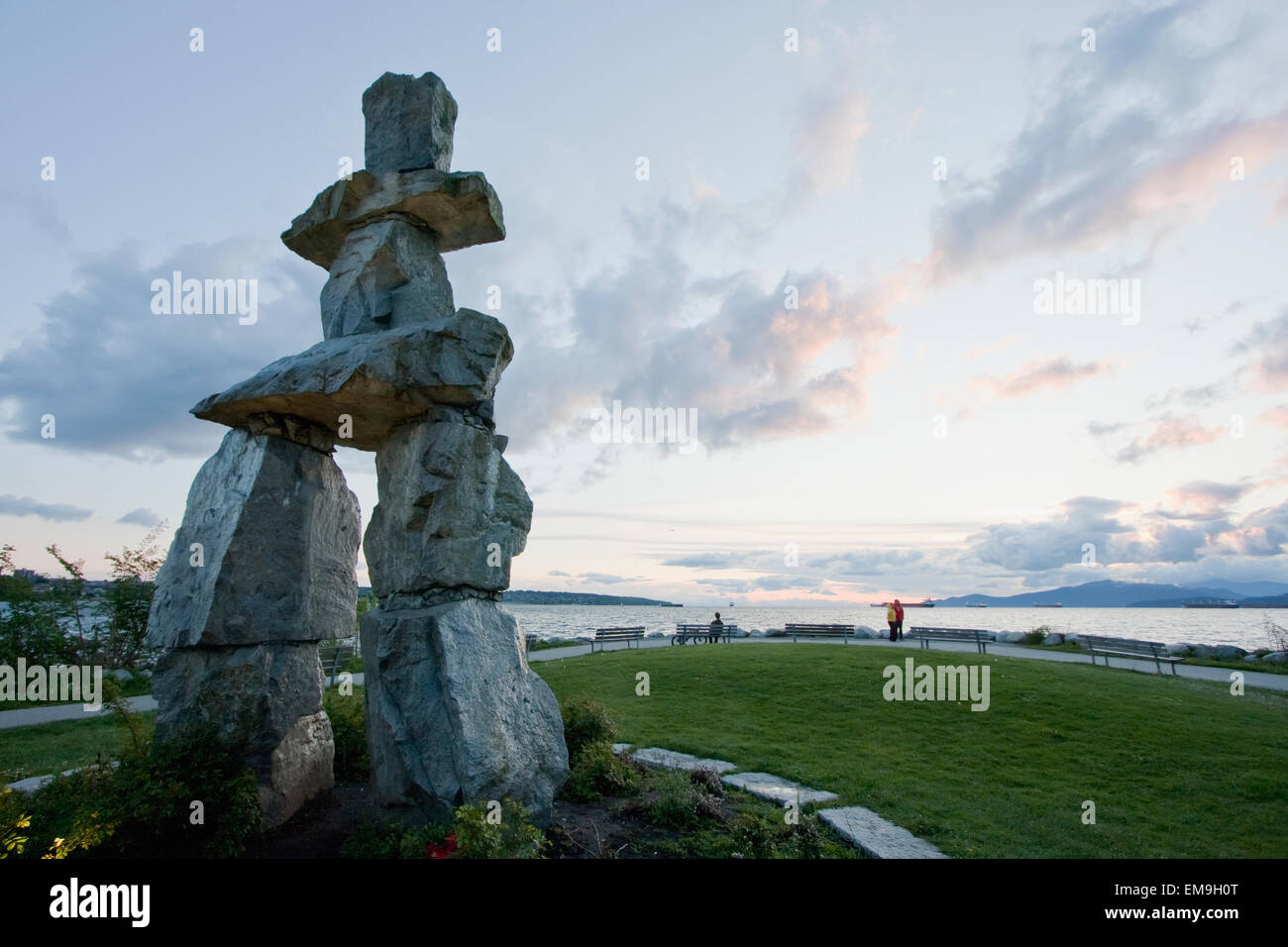 Inukshuk In English Bay At Dusk, Vancouver, British Columbia, Canada ...
