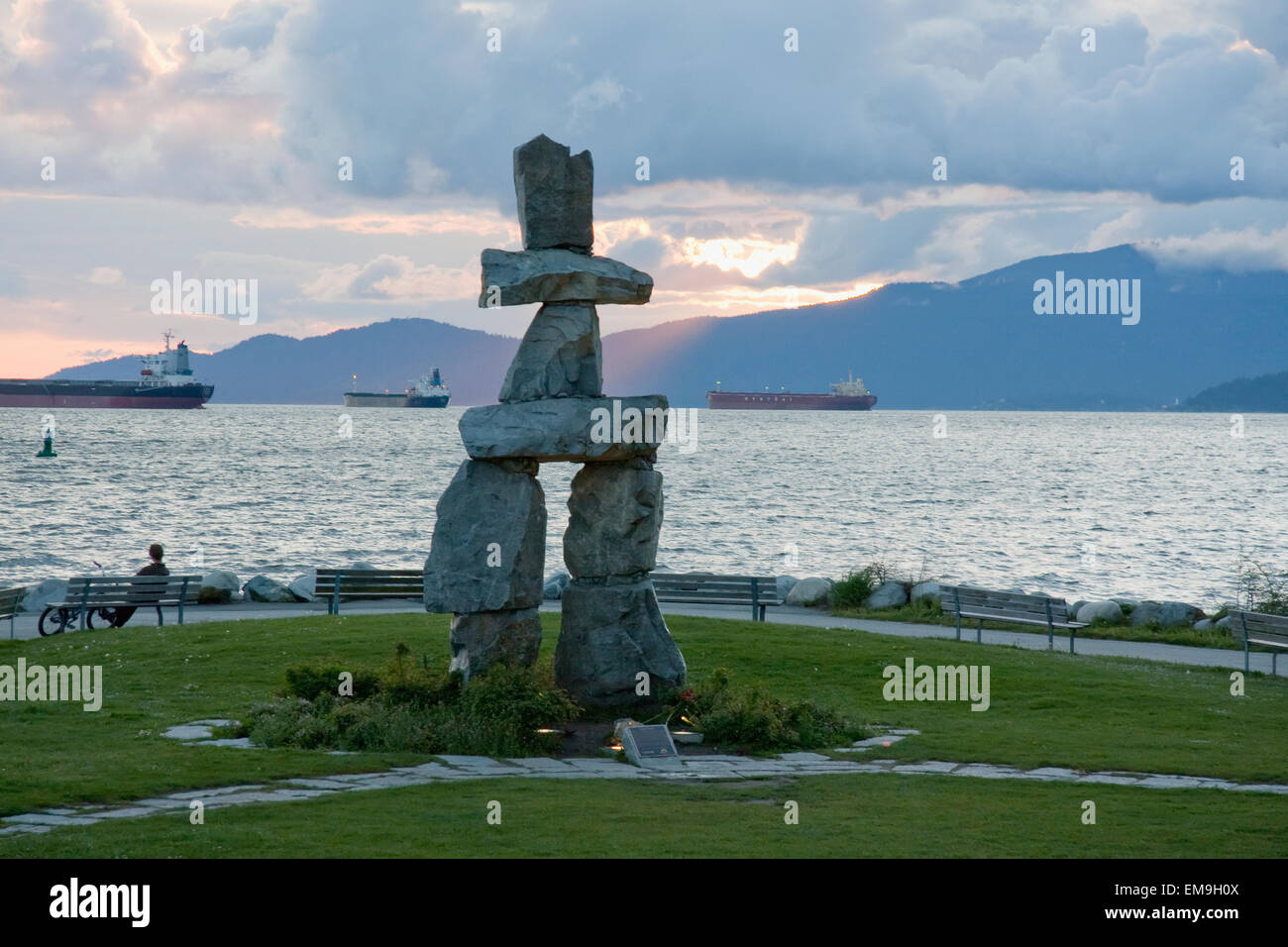Inukshuk In English Bay At Dusk, Vancouver, British Columbia, Canada ...