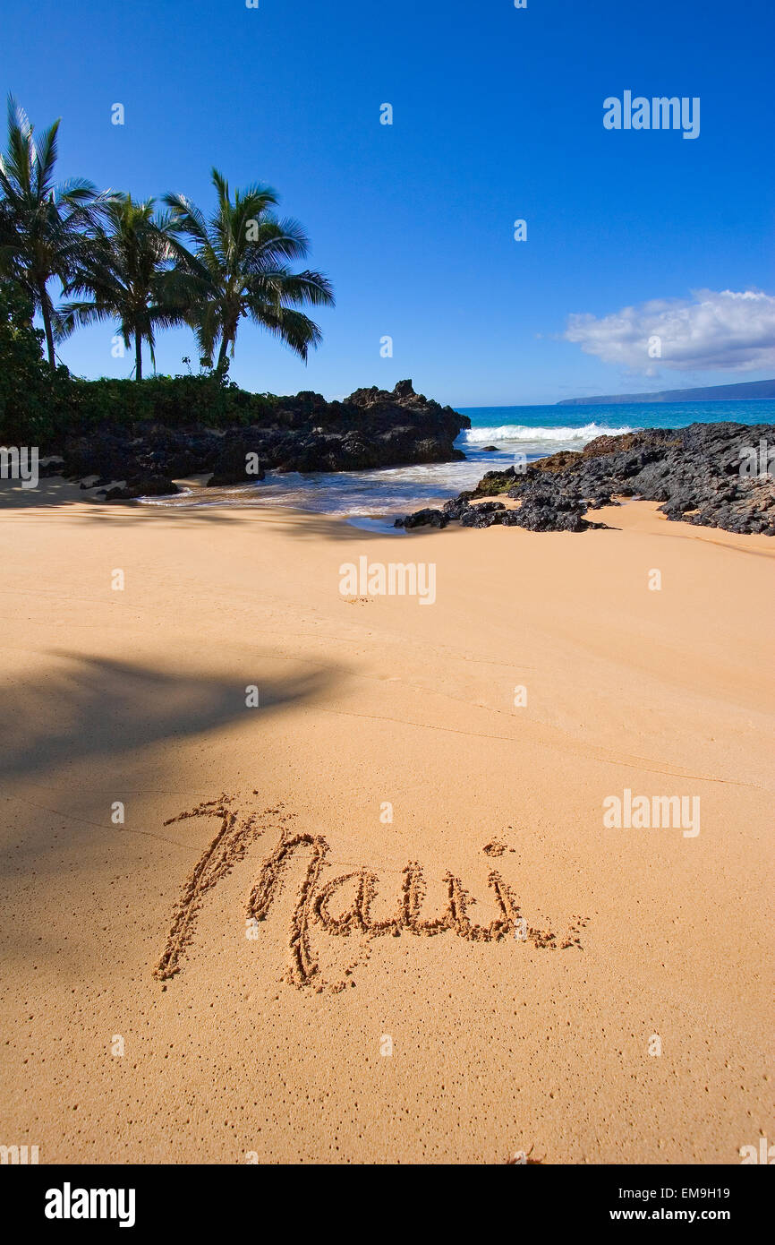 Hawaii, Maui, Makena, Secret Beach, The Word Maui Written In The Sand ...