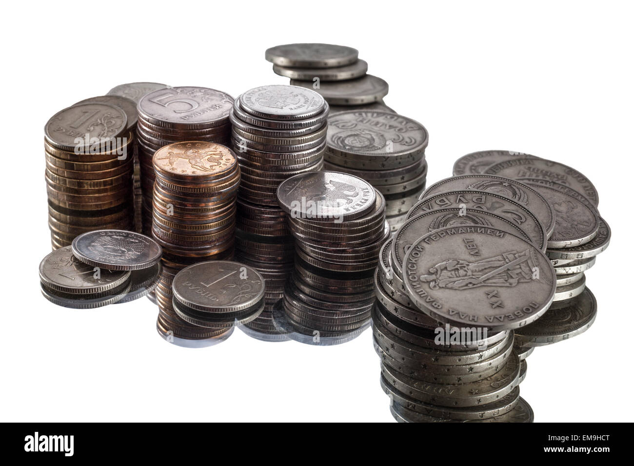 neatly lined up a stack of rubles scattered on a white background Stock ...