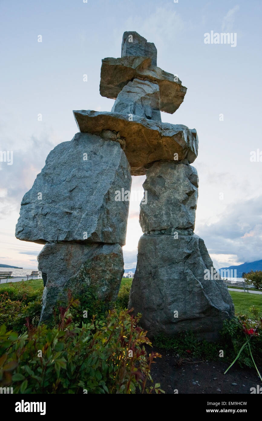 Inukshuk In English Bay At Dusk, Vancouver, British Columbia, Canada ...