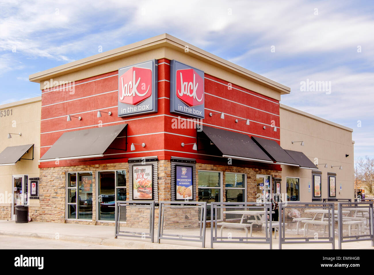 The exterior storefront and entrance of a Jack in the Box chain fast ...
