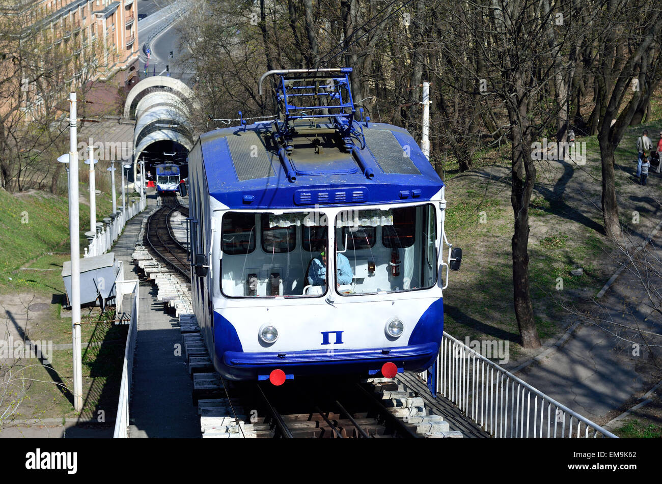 Two funicular trains moving on the hill. Kiev. Kyiv. Ukraine Stock ...