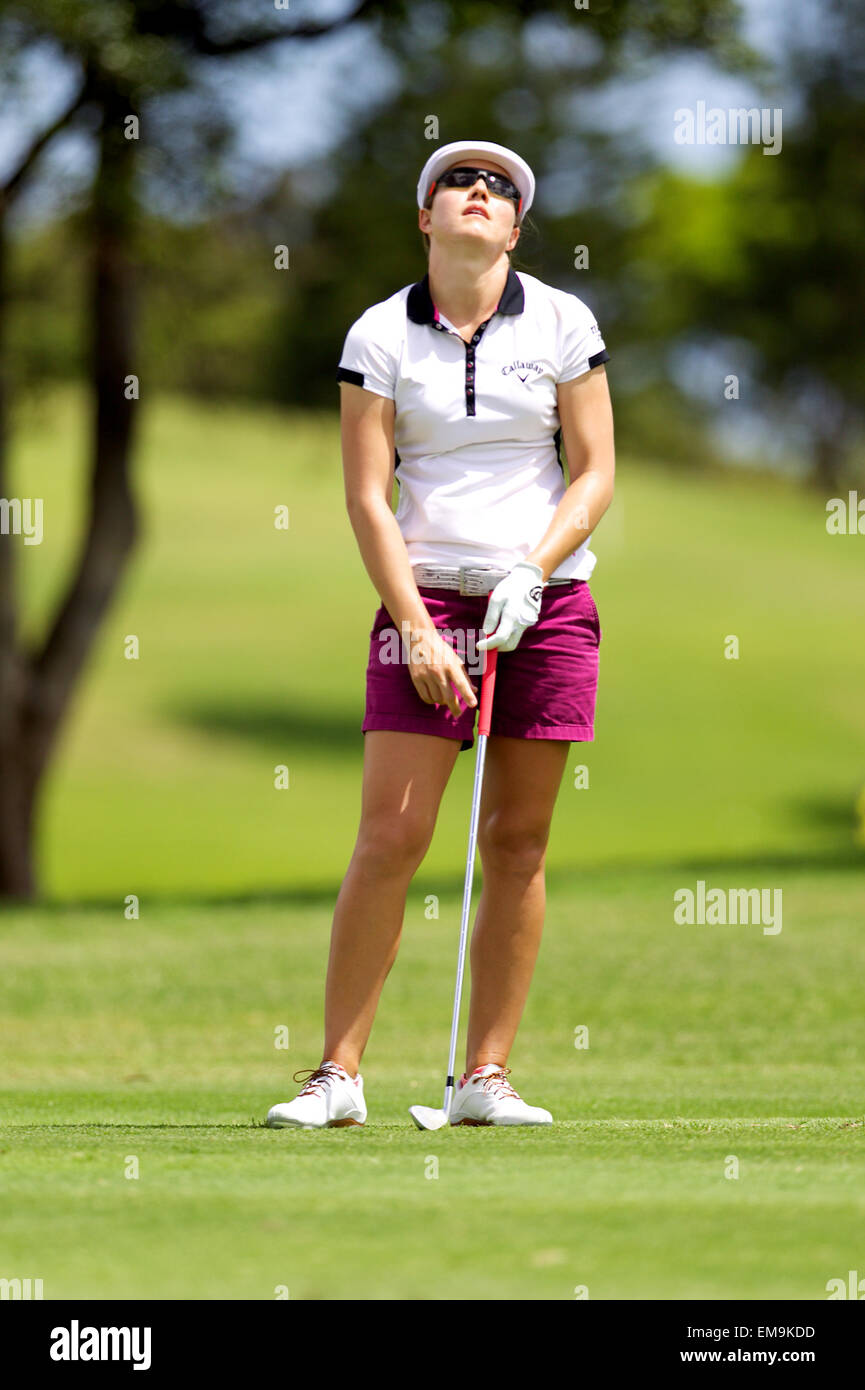 April 15, 2015 - Vicky Hurst reacts to her ball going into the water ...