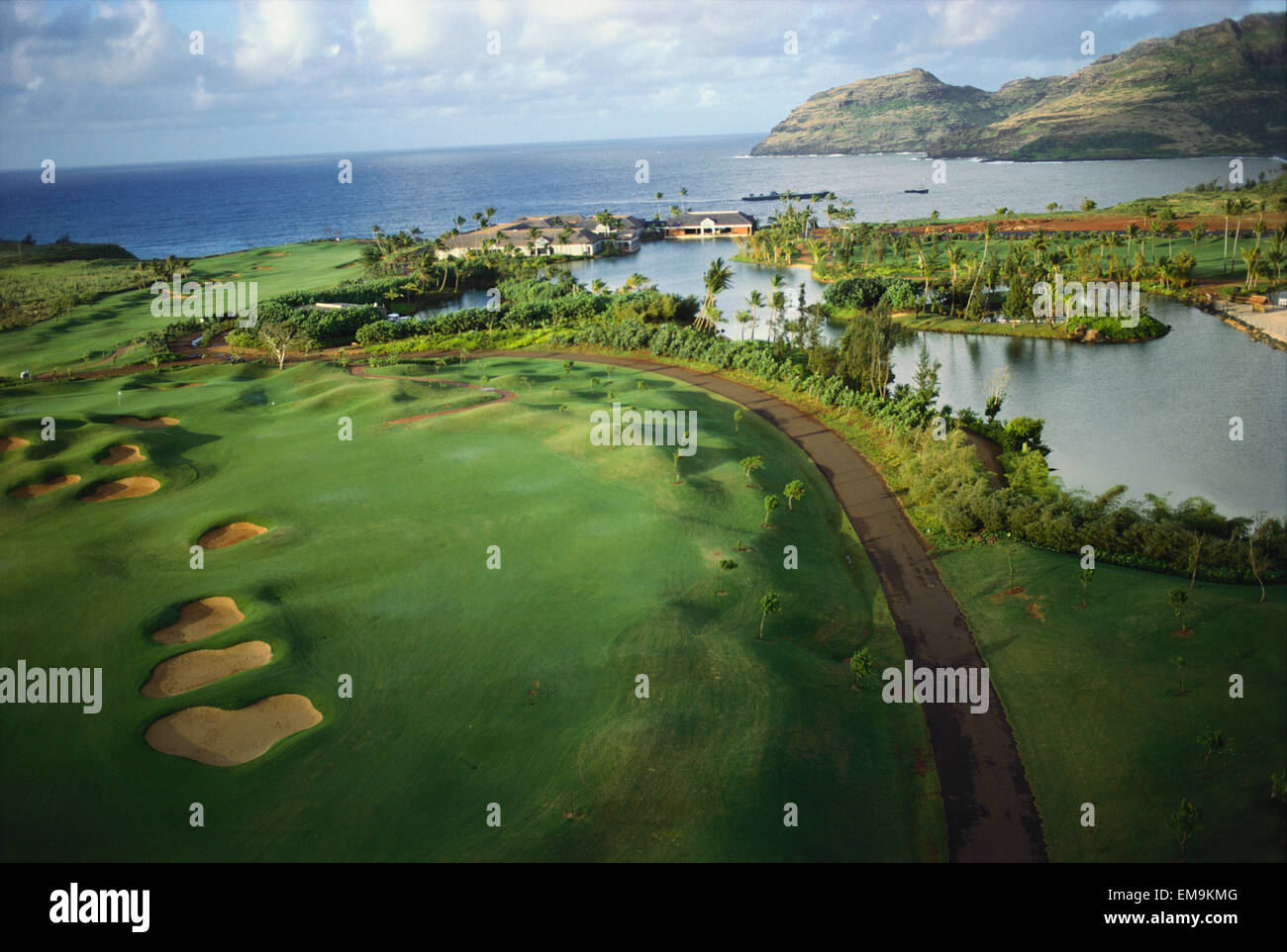 Hawaii, Aerial Of Kauai Lagoons Golf Corse Along Side Lagoon, Greenery ...