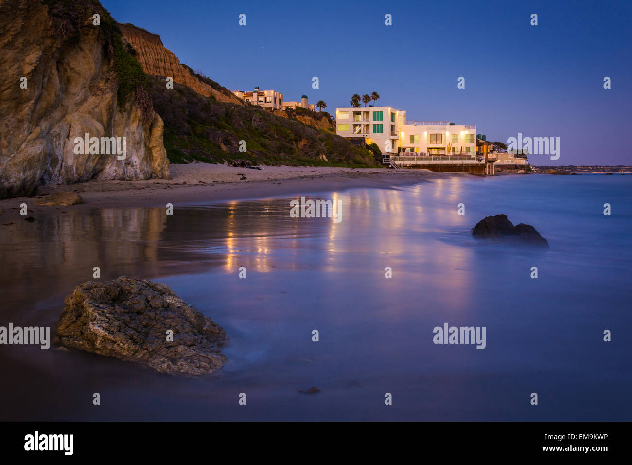 Modern house on the beach at night, seen from El Matador State Beach ...