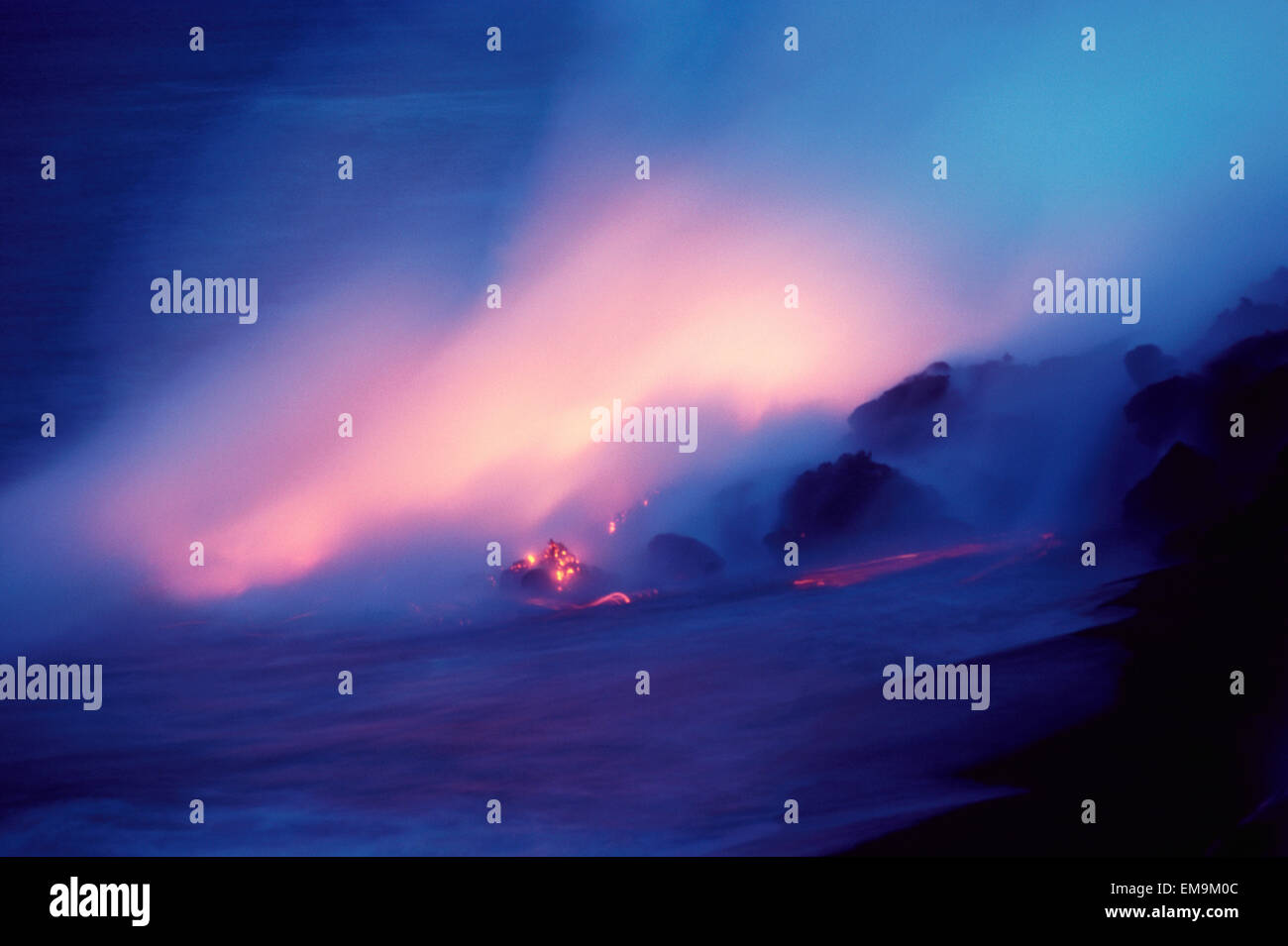 Hawaii, Big Island, Hawaii Volcanoes National Park, Lava Flows Into Ocean At Twilight, Creating ...