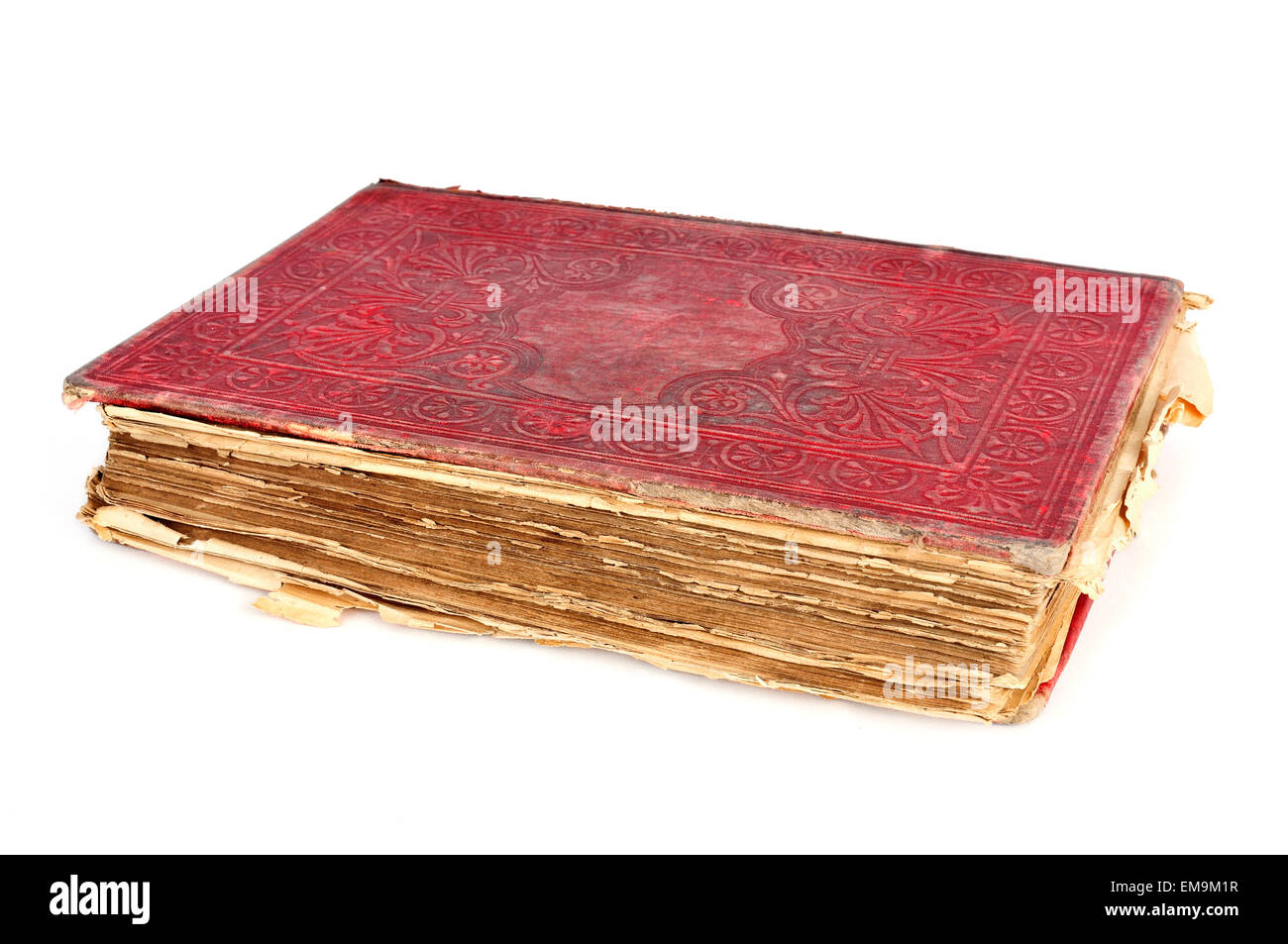 a worn-out old book with a red cover on a white background Stock Photo ...