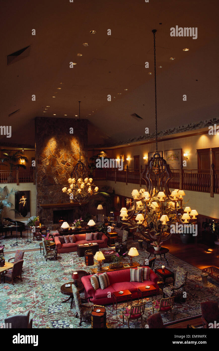 Hawaii, Lanai, Lodge At Koele Grand Hall Lit With Lamps And Chandeliers ...