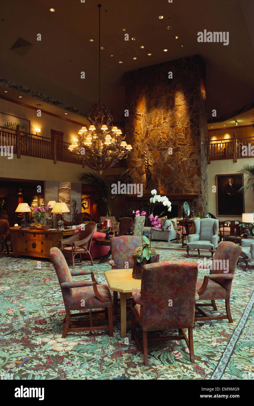 Hawaii, Lanai, Lodge At Koele Grand Hall Lit With Lamps And Chandeliers ...