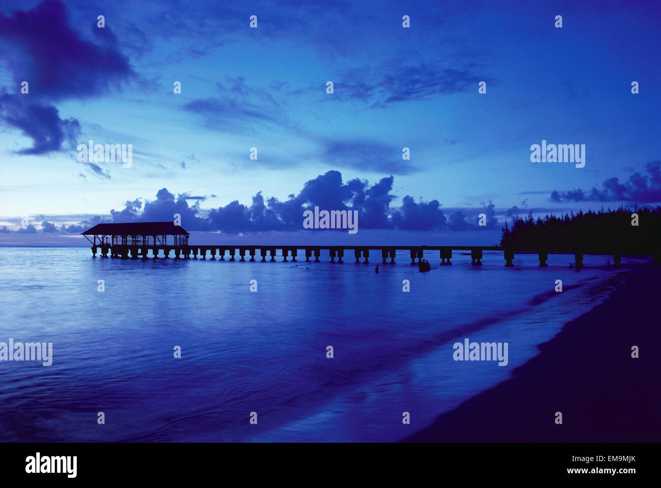 Hawaii, Kauai, Hanalei Bay, Pier At Twilight, Deep Blue Sky And Ocean ...